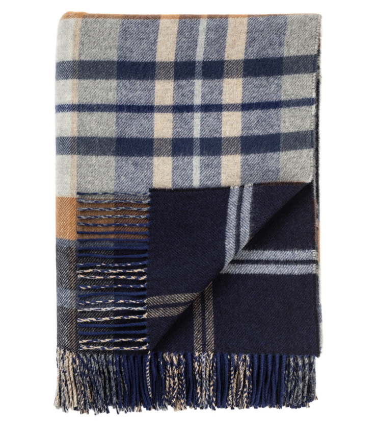 Plaid Laine Écossais Réversible Luxe Marine 140 X 190 cm